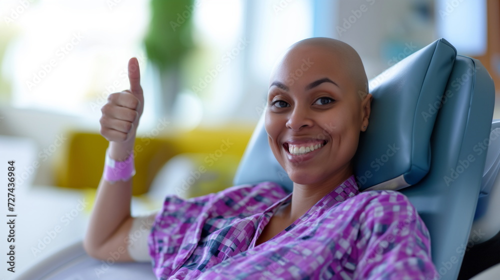 Smiling bald african american cancer patient in hospital bed giving ...