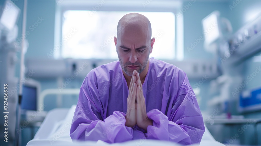 Middle aged Man praying with eyes closed in a hospital bed. Male bald ...