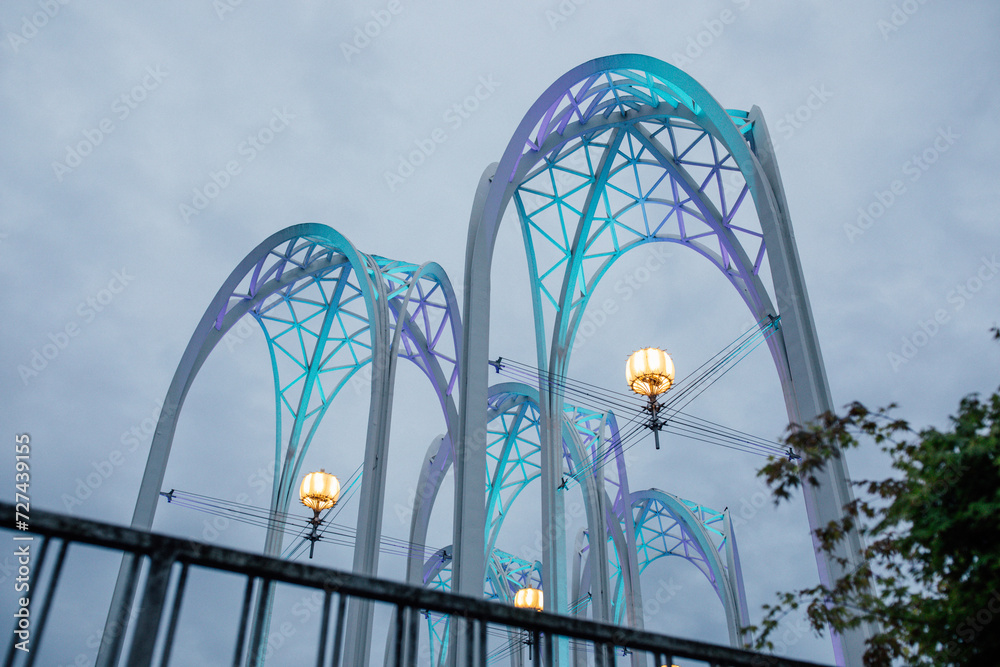 lit up arches designed by Minoru Yamasaki at Pacific Science Center ...