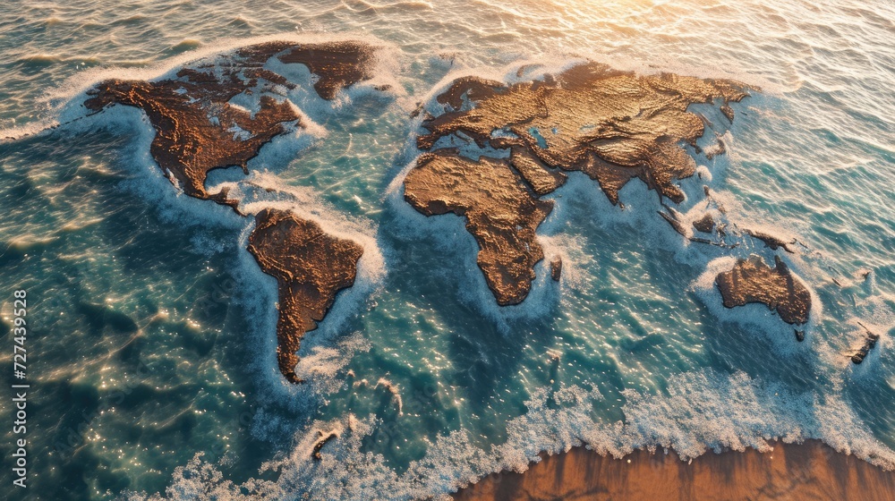 A world map made of sand on the seashore is washed away by the waves ...