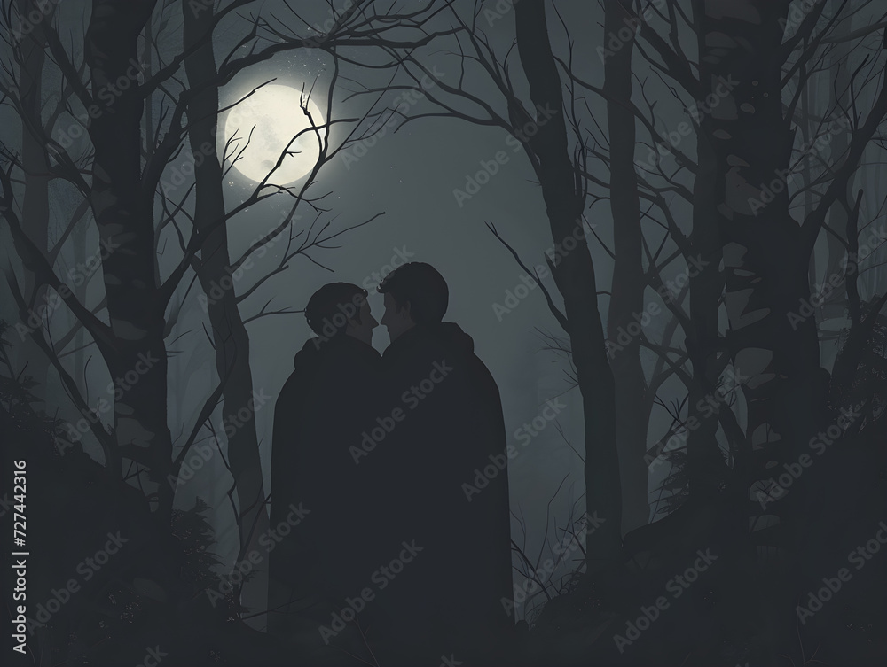 Romantic Embrace in Moonlit Enchanted Forest - Silhouetted Couple in ...