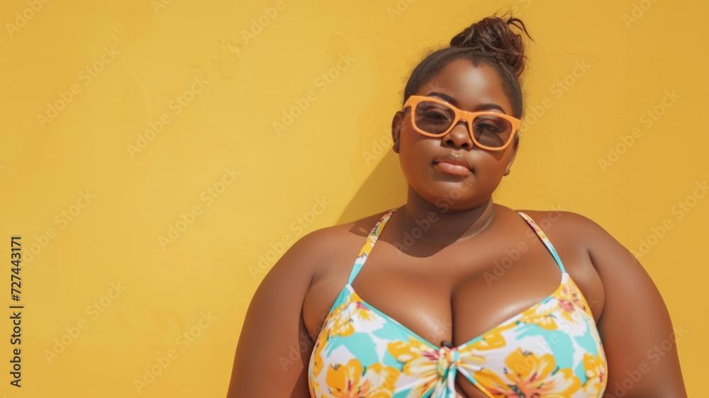 Portrait Of Attractive Dreamy Plus Size Woman Posing Resort Isolated Over Bright Yellow Color