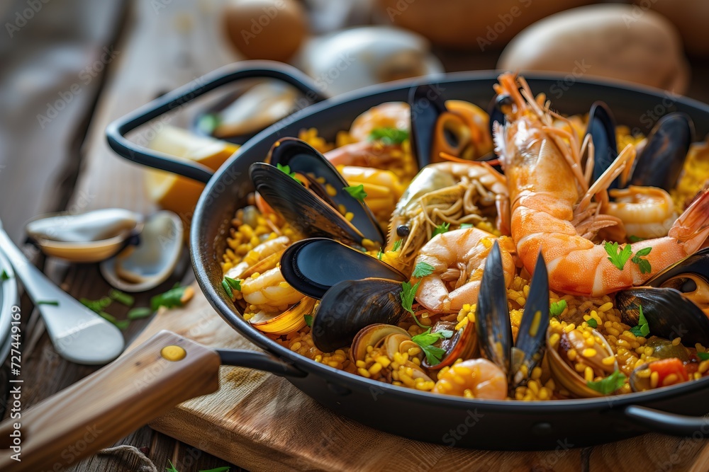 Tradicional Spanish paella with seafood. A dish of rice, shrimp ...