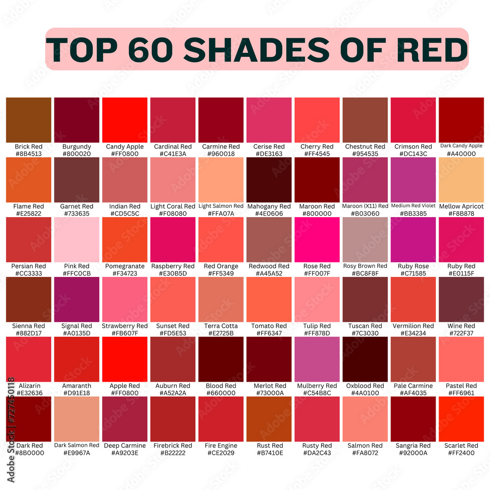 Shades of red color isolated on white background with names, Hex, RGB ...