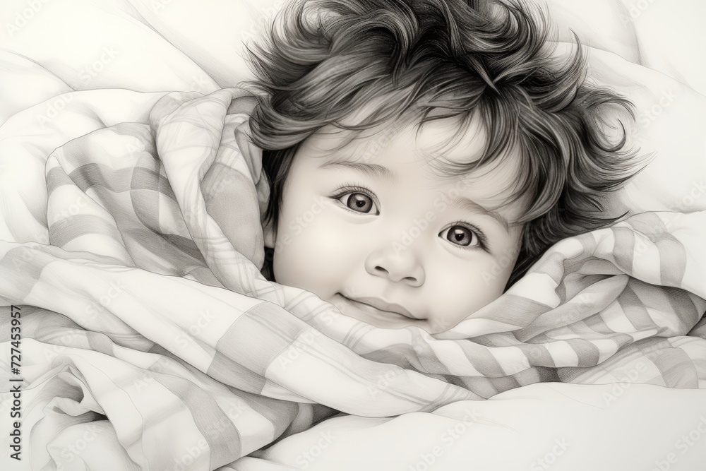 Charming baby with an enchanting smile - pencil drawing on white paper ...