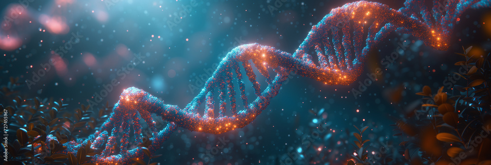 Illuminated DNA strand in a mystical forest setting, showcasing a ...