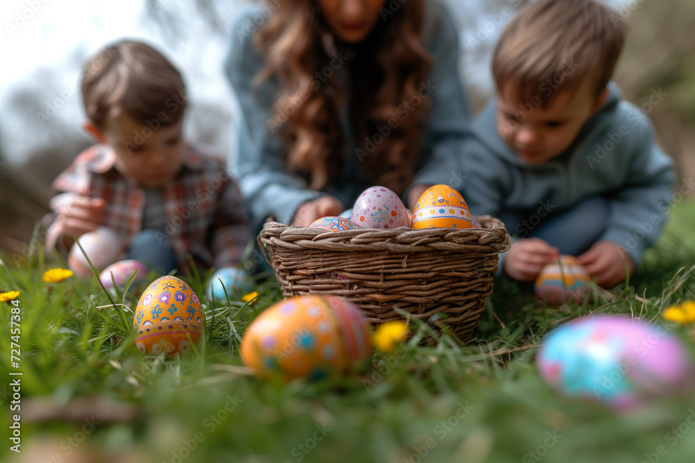 Easter egg hunt activity, mother with her children playing the game of ...
