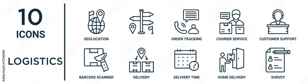 logistics outline icon set such as thin line geolocation, order ...