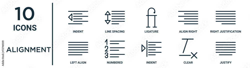 alignment outline icon set such as thin line indent, ligature, right justification, numbered ...