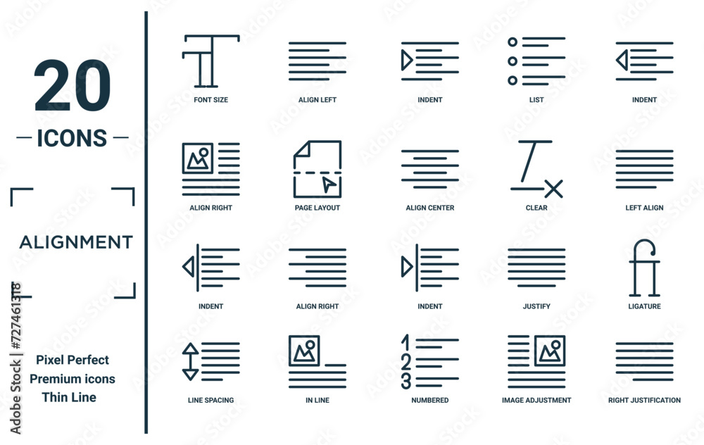 alignment linear icon set. includes thin line font size, align right, indent, line spacing ...