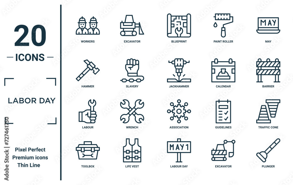 labor day linear icon set. includes thin line workers, hammer, labour ...