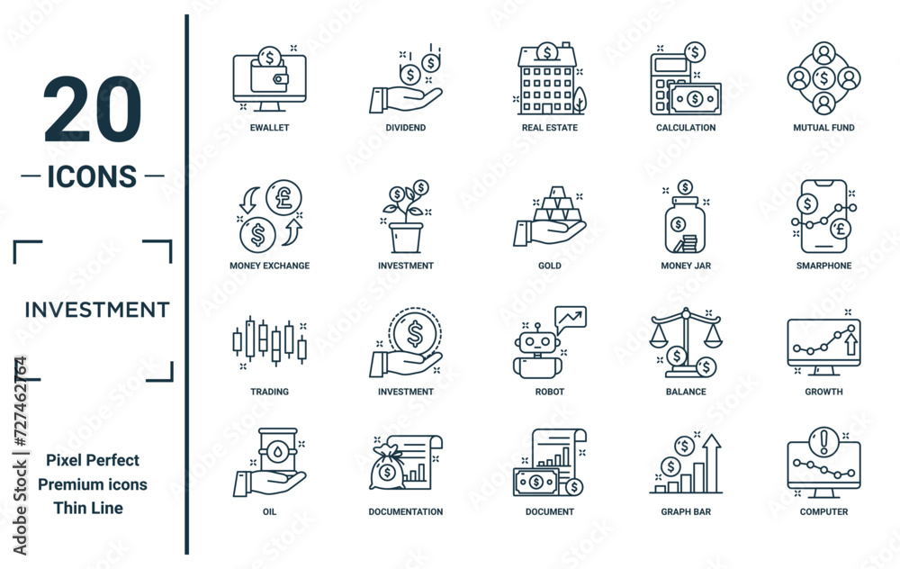 investment linear icon set. includes thin line ewallet, money exchange ...