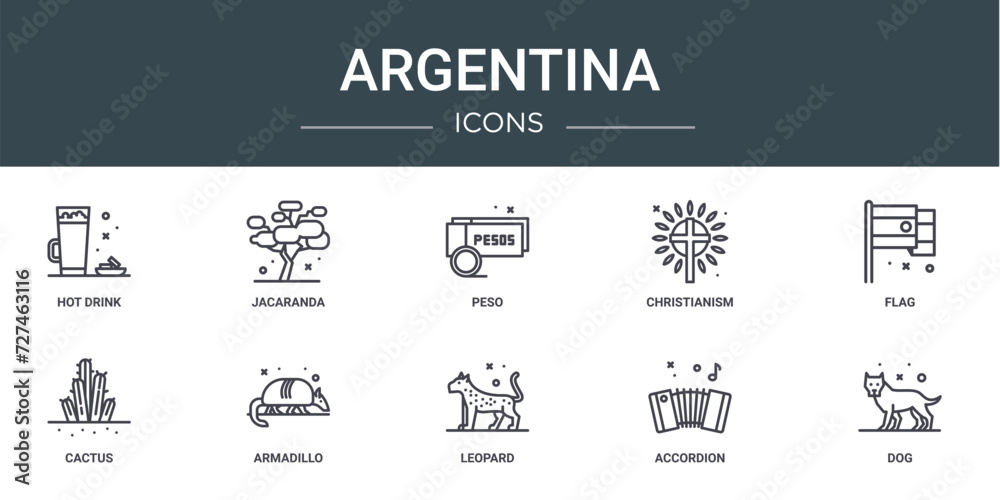 set of 10 outline web argentina icons such as hot drink, jacaranda ...