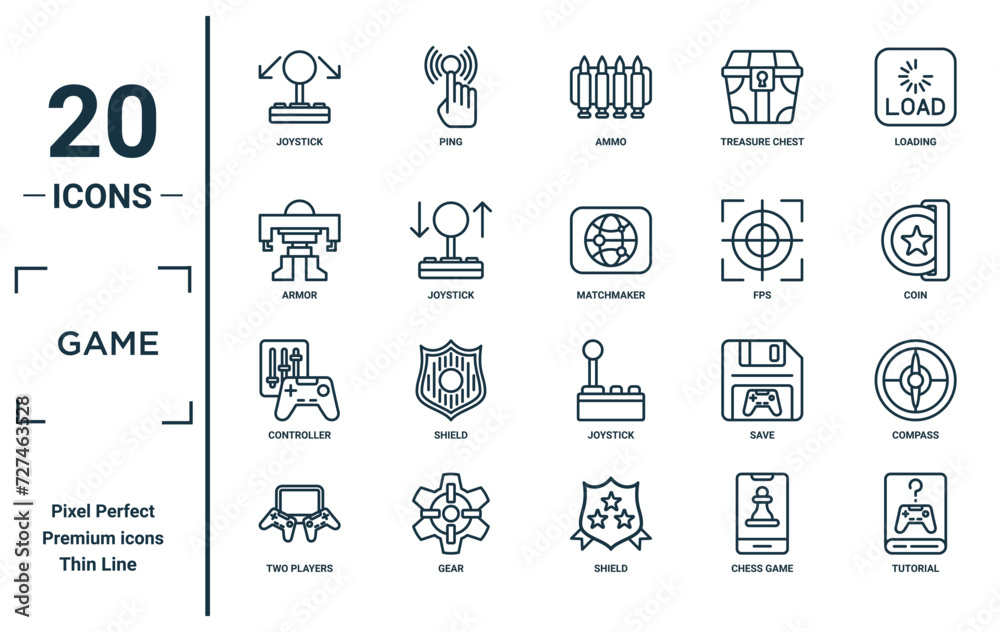 Vecteur Stock game linear icon set. includes thin line joystick, armor, controller, two players ...