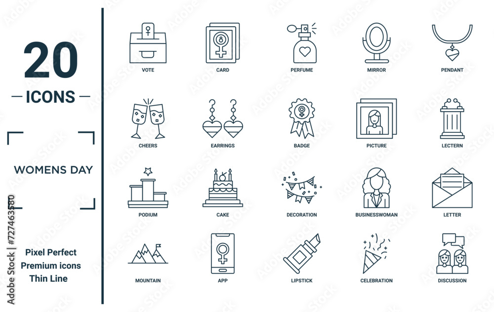 womens day linear icon set. includes thin line vote, cheers, podium ...