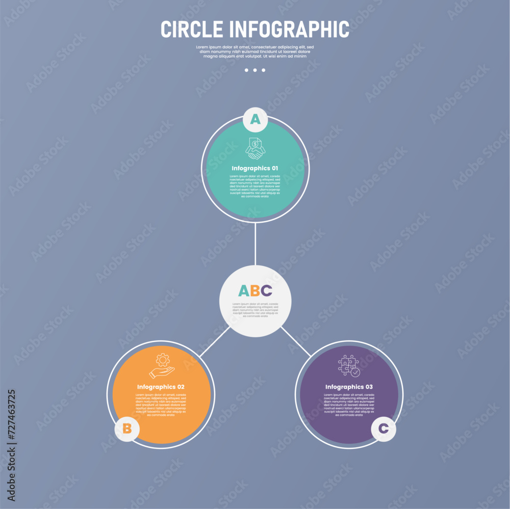 3 point circle infographic stage or step template with hierarchial ...