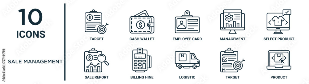 sale management outline icon set such as thin line target, employee ...