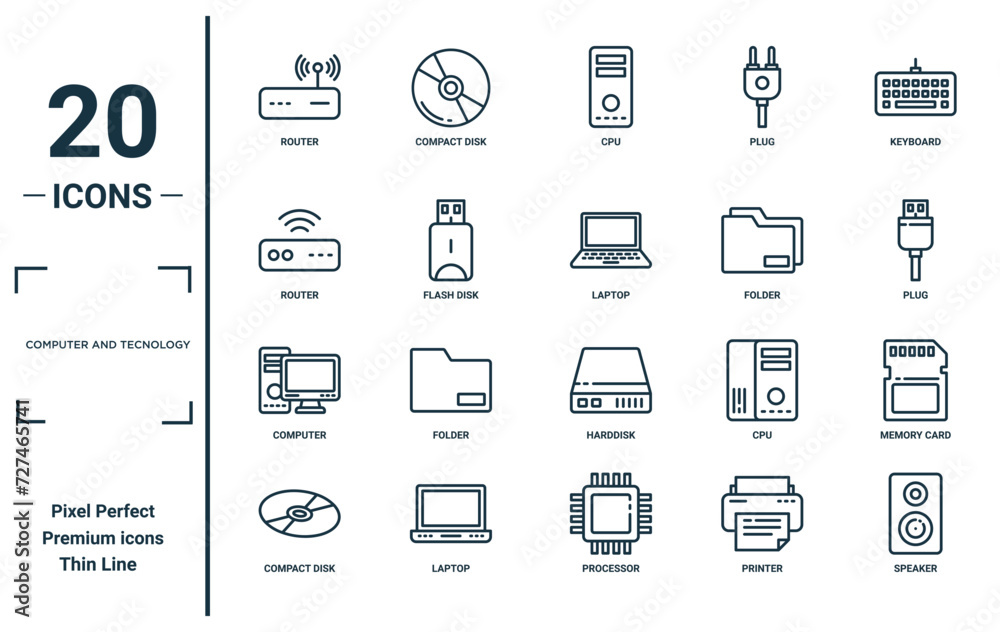 computer and tecnology linear icon set. includes thin line router ...