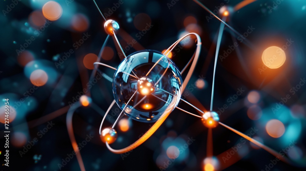 Detailed depiction of an atom with electrons orbiting the nucleus, showcasing a central clear ...