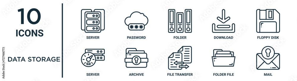 data storage outline icon set such as thin line server, folder, floppy ...