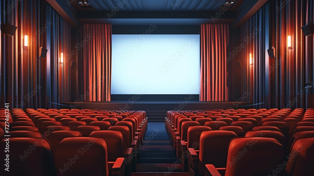 Empty cinema hall with a large screen, red velvet seats, and patterned ...