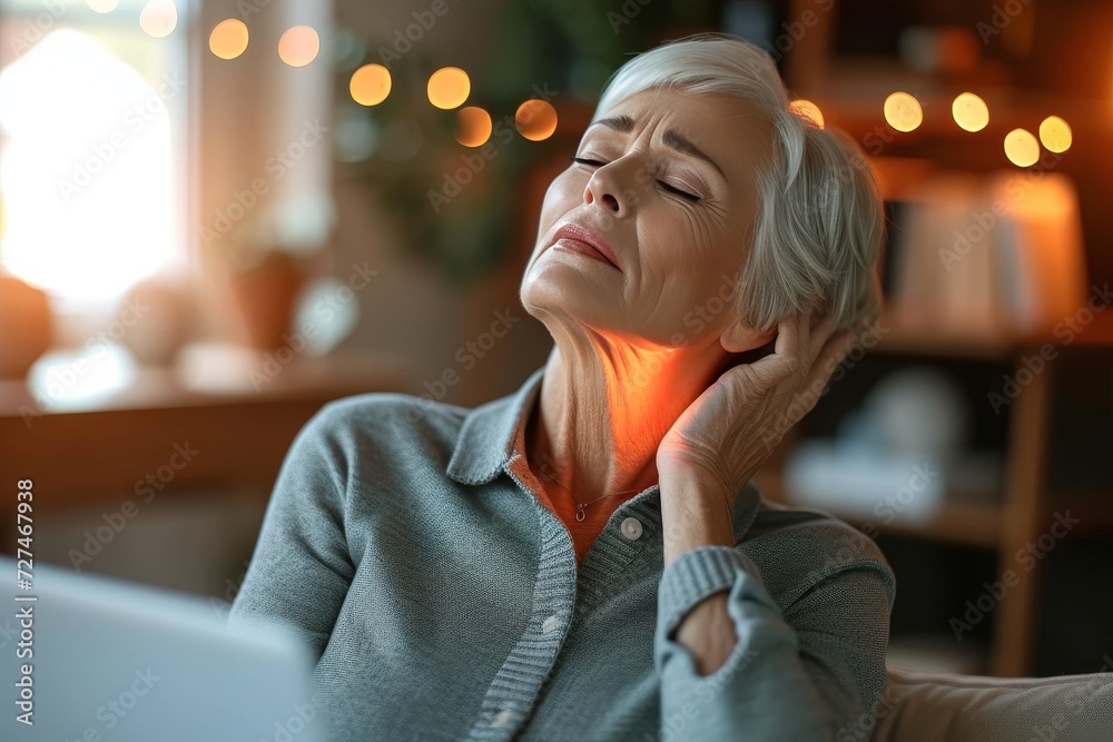 A woman's face contorted in pain as she clutches her neck, her glasses ...