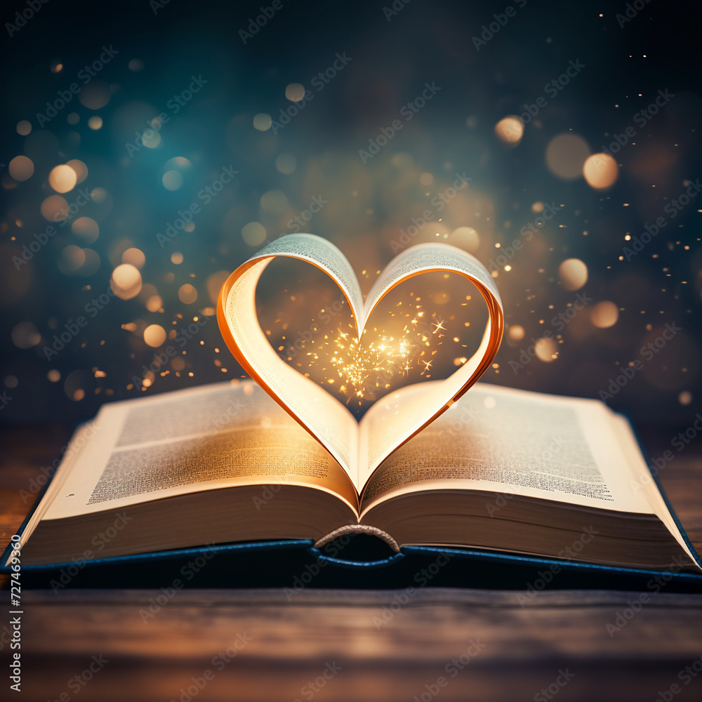 Love story book with open page of literature in heart shape and stack ...