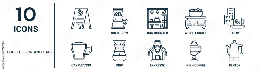 coffee shop and cafe outline icon set such as thin line , bar counter ...