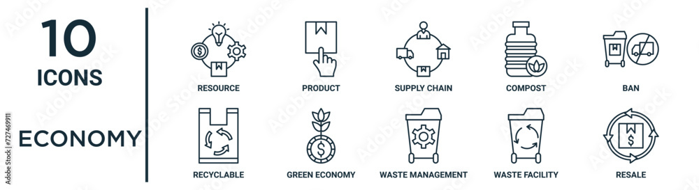 economy outline icon set such as thin line resource, supply chain, ban ...