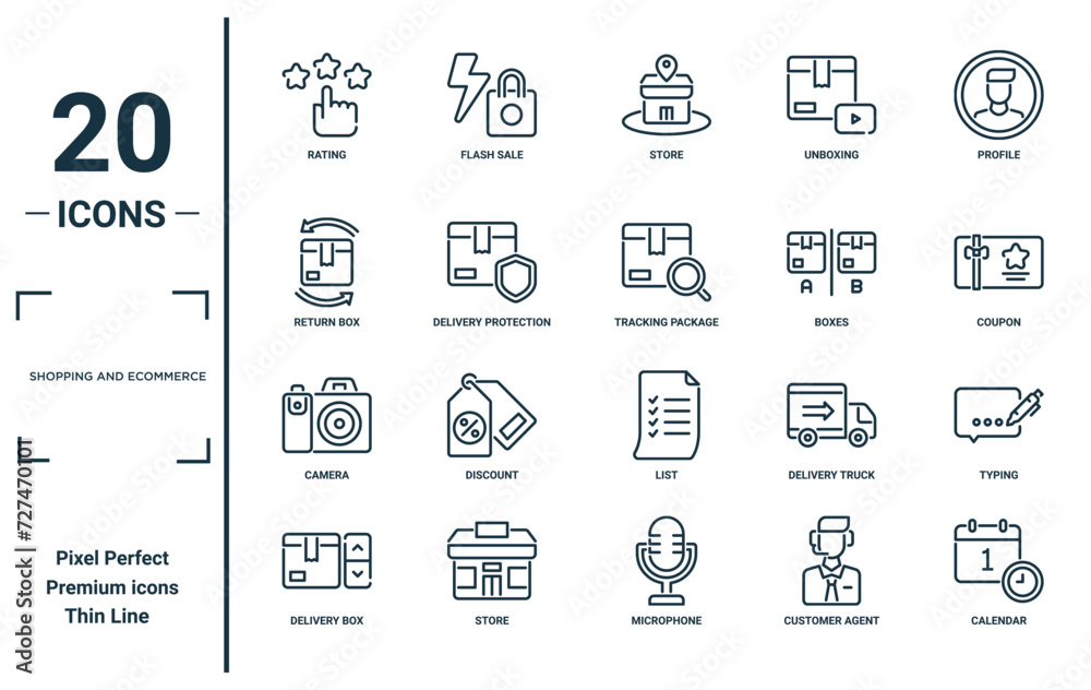 shopping and ecommerce linear icon set. includes thin line rating ...