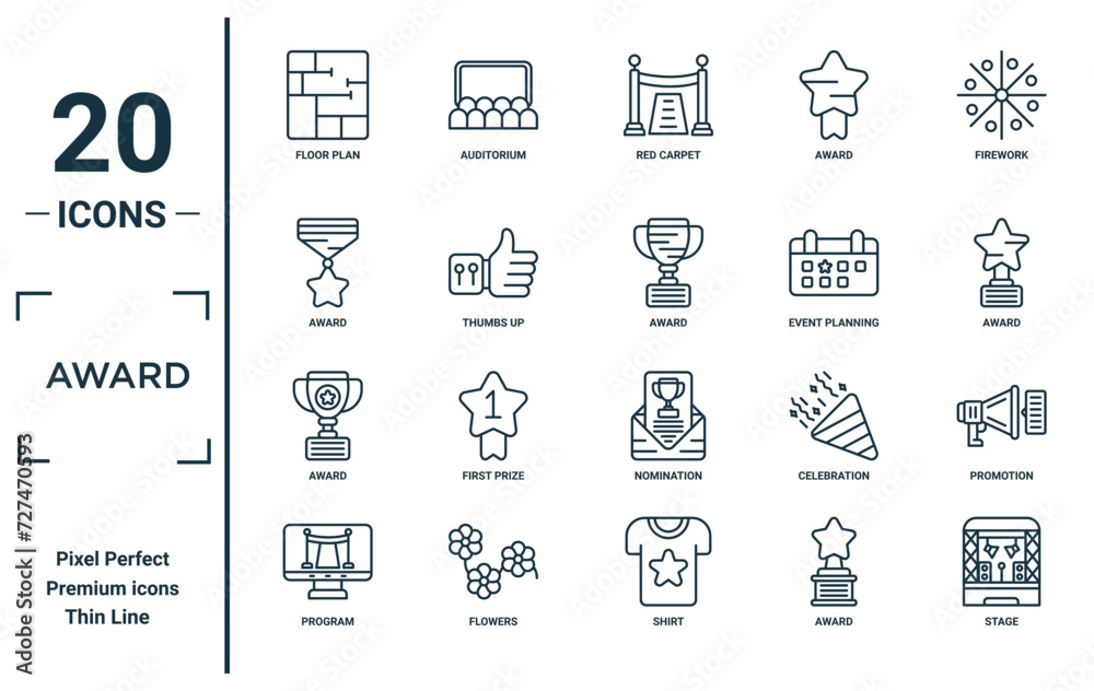 award linear icon set. includes thin line floor plan, award, award ...