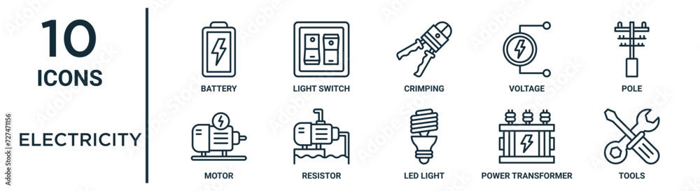 electricity outline icon set such as thin line battery, crimping, pole ...