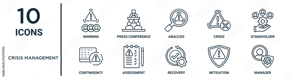 crisis management outline icon set such as thin line warning, analysis ...