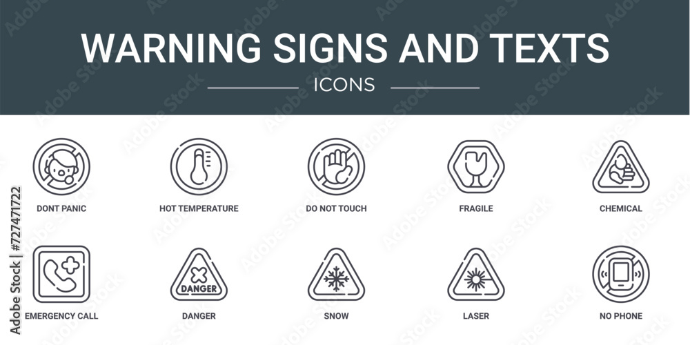 Vetor de set of 10 outline web warning signs and texts icons such as ...