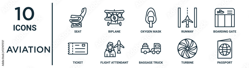 aviation outline icon set such as thin line seat, oxygen mask, boarding ...
