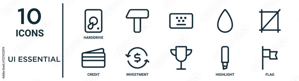 Vetor de ui essential outline icon set such as thin line harddrive ...