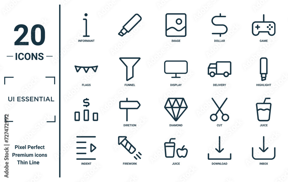 ui essential linear icon set. includes thin line informant, flags, , indent, inbox, display ...