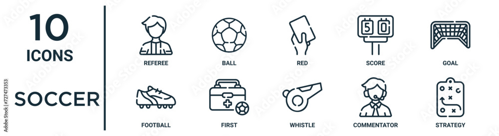 soccer outline icon set such as thin line referee, red, goal, first ...