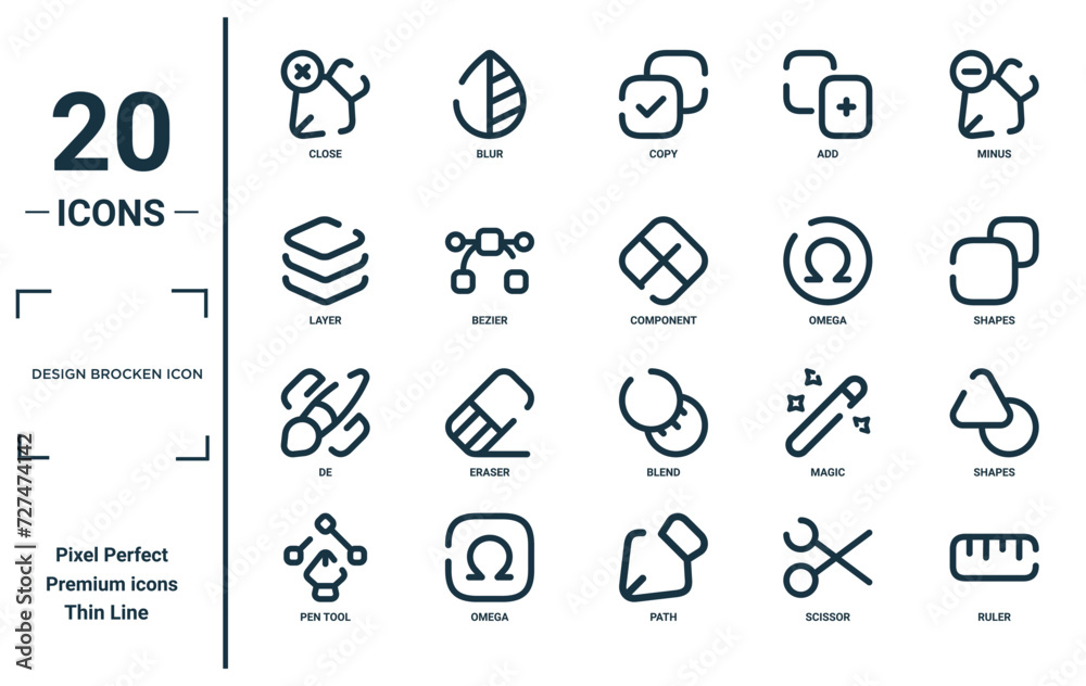 Vecteur Stock design brocken icon linear icon set. includes thin line ...