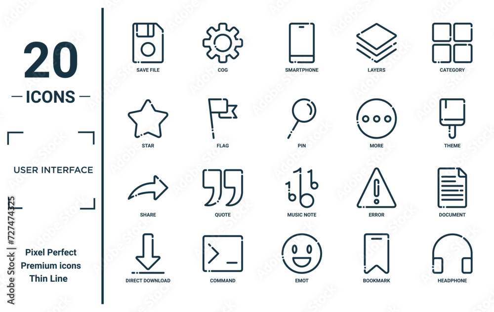 Vetor de user interface linear icon set. includes thin line save file ... Vetor de user interface linear icon set. includes thin line save file ...