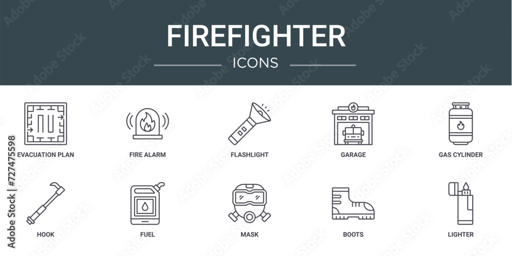 set of 10 outline web firefighter icons such as evacuation plan, fire ...
