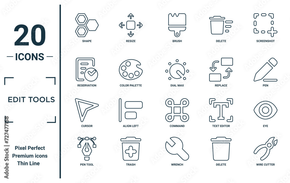 edit tools linear icon set. includes thin line shape, reservation ...