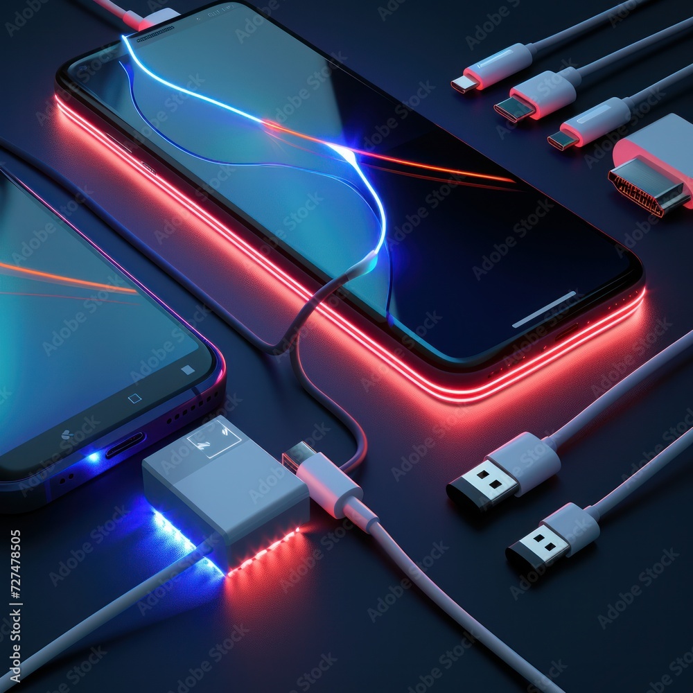 3D smartphone charger cable set isolated on dark blue background ...