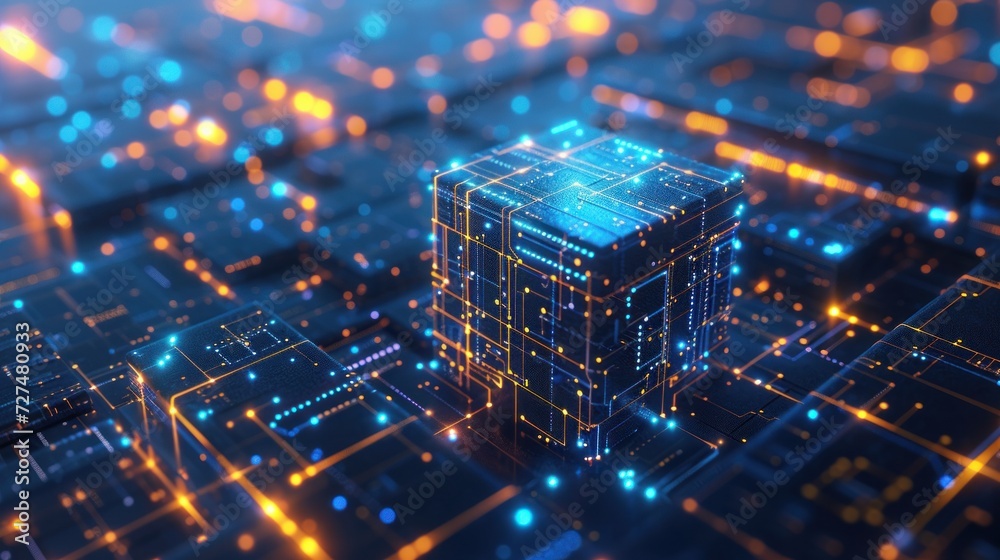 Cube technology on Converging point of circuit with Abstract blue background. Blockchain Network ...