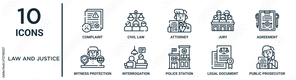Vetor de law and justice outline icon set such as thin line complaint ...