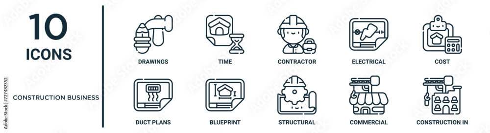 construction business outline icon set such as thin line drawings ...