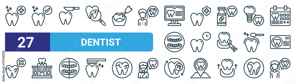 set of 27 outline web dentist icons such as treat, check, dissection ...
