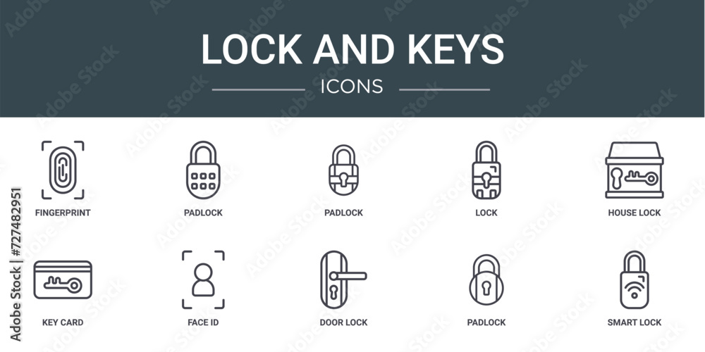 set of 10 outline web lock and keys icons such as fingerprint, padlock ...