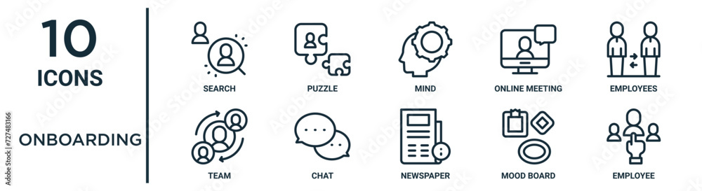 onboarding outline icon set such as thin line search, mind, employees ...