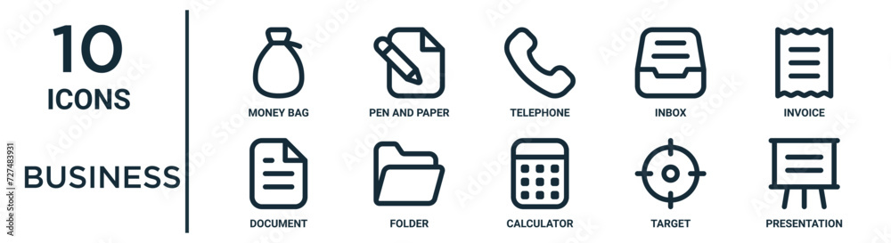 business outline icon set such as thin line money bag, telephone ...